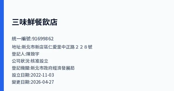 三味鮮餐飲店的照片-統編 91699862(新北市) 公司登記資料與營業項目詳細圖表