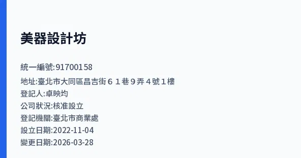 美器設計坊的照片-統編 91700158(臺北市) 公司登記資料與營業項目詳細圖表