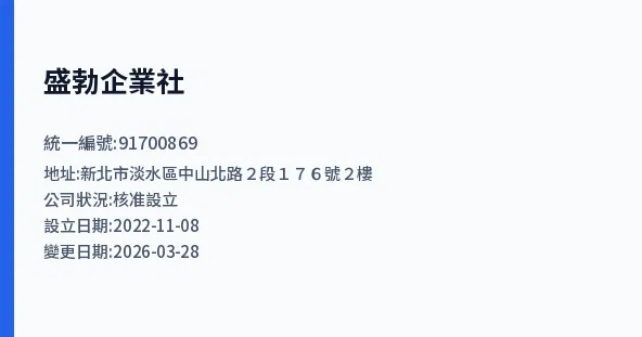 盛勃企業社的照片-統編 91700869(新北市) 公司登記資料與營業項目詳細圖表