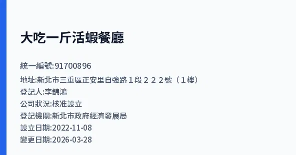 大吃一斤活蝦餐廳的照片-統編 91700896(新北市) 公司登記資料與營業項目詳細圖表