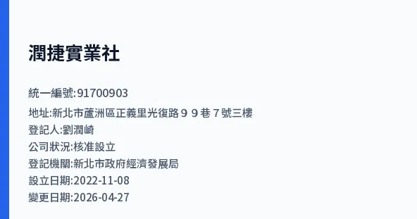潤捷實業社的照片-統編 91700903(新北市) 公司登記資料與營業項目詳細圖表