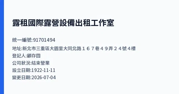 露租國際露營設備出租工作室的照片-統編 91701494(新北市) 公司登記資料與營業項目詳細圖表