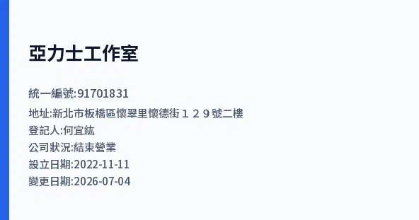 亞力士工作室的照片-統編 91701831(新北市) 公司登記資料與營業項目詳細圖表