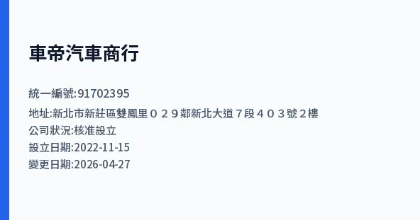 車帝汽車商行的照片-統編 91702395(新北市) 公司登記資料與營業項目詳細圖表