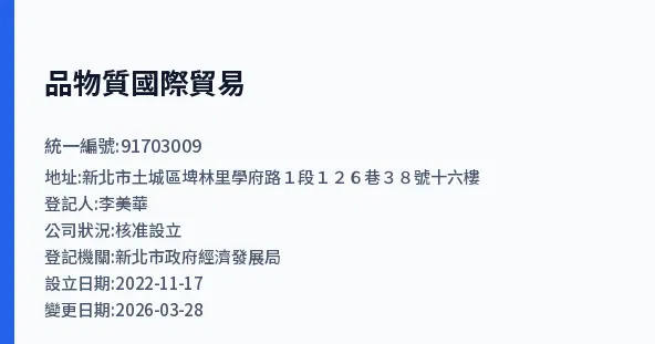 品物質國際貿易的照片-統編 91703009(新北市) 公司登記資料與營業項目詳細圖表