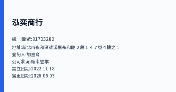 泓奕商行的照片-統編 91703280(新北市) 公司登記資料與營業項目詳細圖表