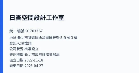 日霽空間設計工作室的照片-統編 91703367(新北市) 公司登記資料與營業項目詳細圖表