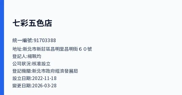 七彩五色店的照片-統編 91703388(新北市) 公司登記資料與營業項目詳細圖表