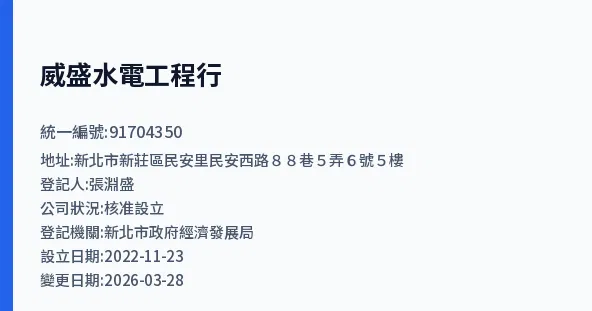 威盛水電工程行的照片-統編 91704350(新北市) 公司登記資料與營業項目詳細圖表