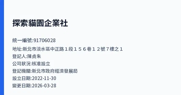 探索貓園企業社的照片-統編 91706028(新北市) 公司登記資料與營業項目詳細圖表