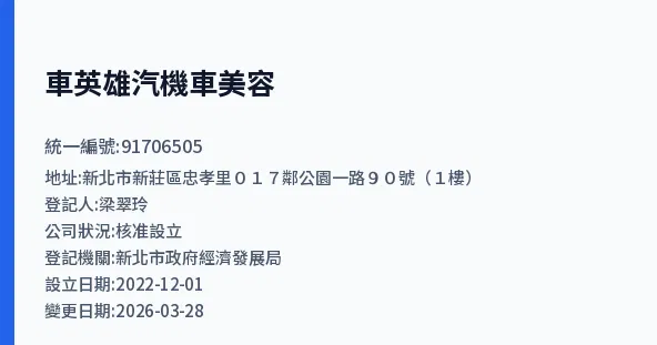 車英雄汽機車美容的照片-統編 91706505(新北市) 公司登記資料與營業項目詳細圖表