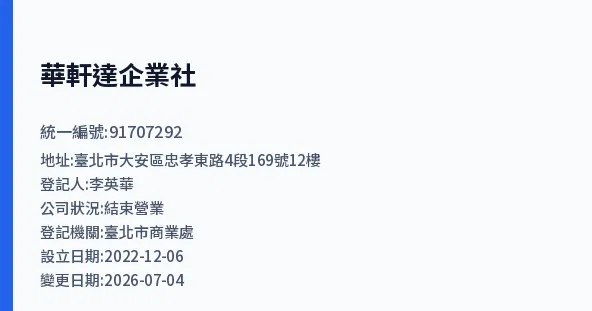 華軒達企業社的照片-統編 91707292(臺北市) 公司登記資料與營業項目詳細圖表