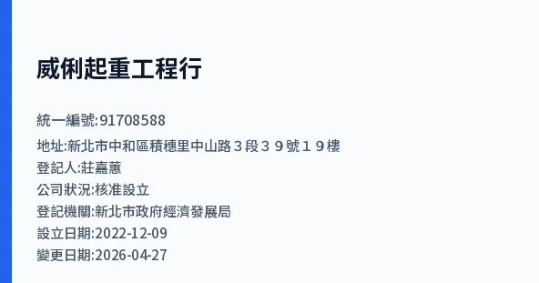 威俐起重工程行的照片-統編 91708588(新北市) 公司登記資料與營業項目詳細圖表