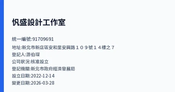 忛盛設計工作室的照片-統編 91709691(新北市) 公司登記資料與營業項目詳細圖表