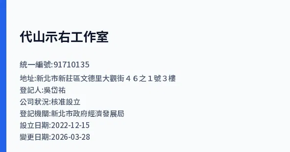 代山示右工作室的照片-統編 91710135(新北市) 公司登記資料與營業項目詳細圖表