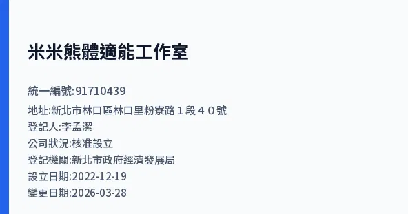 米米熊體適能工作室的照片-統編 91710439(新北市) 公司登記資料與營業項目詳細圖表