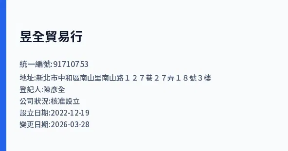 昱全貿易行的照片-統編 91710753(新北市) 公司登記資料與營業項目詳細圖表