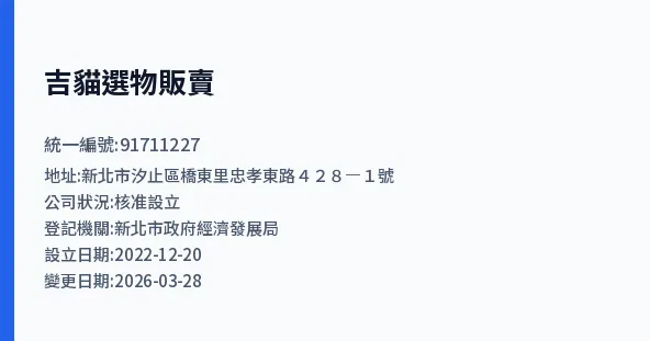吉貓選物販賣的照片-統編 91711227(新北市) 公司登記資料與營業項目詳細圖表
