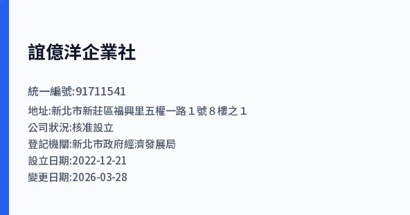 誼億洋企業社的照片-統編 91711541(新北市) 公司登記資料與營業項目詳細圖表