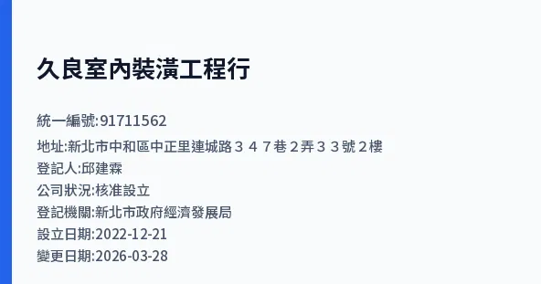 久良室內裝潢工程行的照片-統編 91711562(新北市) 公司登記資料與營業項目詳細圖表