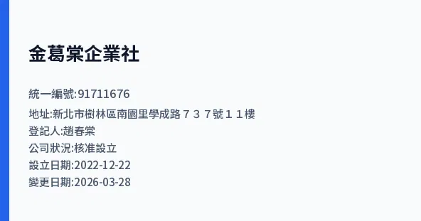 金葛棠企業社的照片-統編 91711676(新北市) 公司登記資料與營業項目詳細圖表