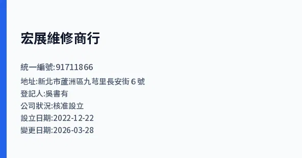 宏展維修商行的照片-統編 91711866(新北市) 公司登記資料與營業項目詳細圖表