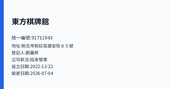 東方棋牌館的照片-統編 91711943(新北市) 公司登記資料與營業項目詳細圖表