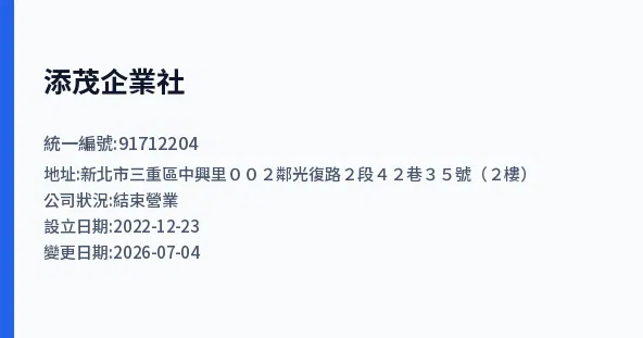 添茂企業社的照片-統編 91712204(新北市) 公司登記資料與營業項目詳細圖表
