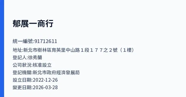 郁展一商行的照片-統編 91712611(新北市) 公司登記資料與營業項目詳細圖表
