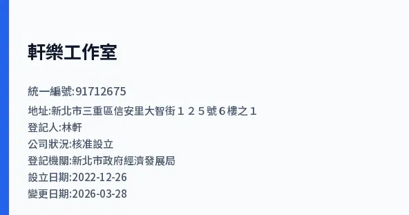 軒樂工作室的照片-統編 91712675(新北市) 公司登記資料與營業項目詳細圖表
