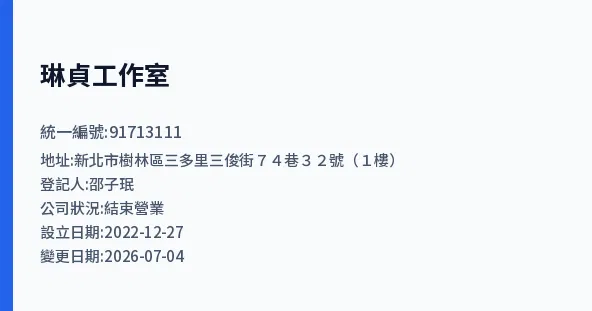 琳貞工作室的照片-統編 91713111(新北市) 公司登記資料與營業項目詳細圖表
