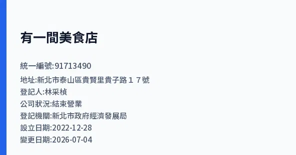 有一間美食店的照片-統編 91713490(新北市) 公司登記資料與營業項目詳細圖表