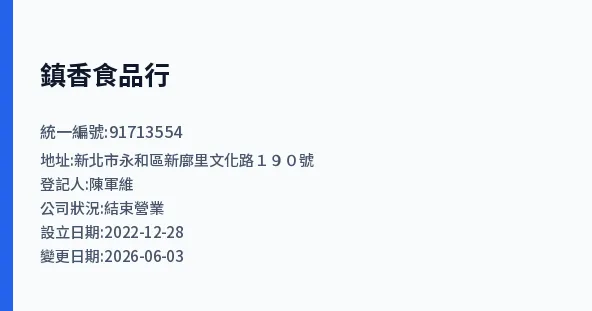 鎮香食品行的照片-統編 91713554(新北市) 公司登記資料與營業項目詳細圖表