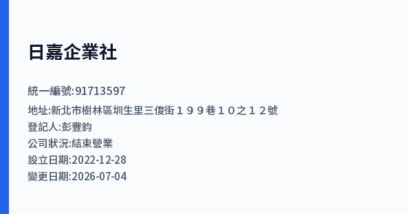 日嘉企業社的照片-統編 91713597(新北市) 公司登記資料與營業項目詳細圖表