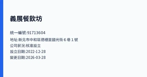 義展餐飲坊的照片-統編 91713604(新北市) 公司登記資料與營業項目詳細圖表
