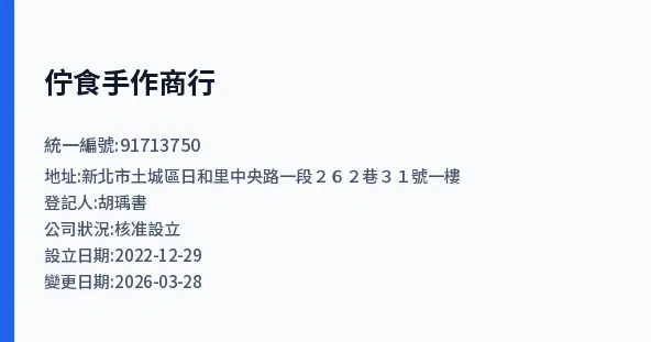 佇食手作商行的照片-統編 91713750(新北市) 公司登記資料與營業項目詳細圖表