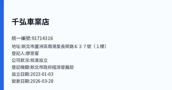 千弘車業店的照片-統編 91714316(新北市) 公司登記資料與營業項目詳細圖表