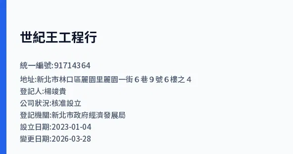 世紀王工程行的照片-統編 91714364(新北市) 公司登記資料與營業項目詳細圖表