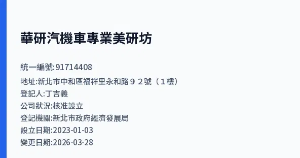 華研汽機車專業美研坊的照片-統編 91714408(新北市) 公司登記資料與營業項目詳細圖表