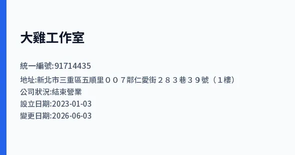 大雞工作室的照片-統編 91714435(新北市) 公司登記資料與營業項目詳細圖表