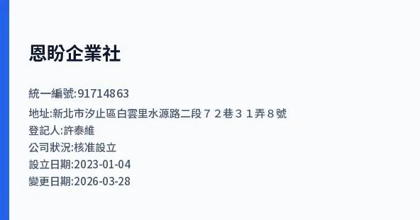 恩盼企業社的照片-統編 91714863(新北市) 公司登記資料與營業項目詳細圖表