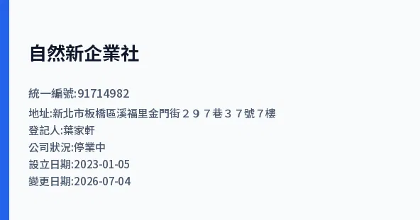 自然新企業社的照片-統編 91714982(新北市) 公司登記資料與營業項目詳細圖表