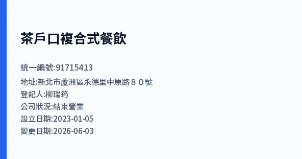 茶戶口複合式餐飲的照片-統編 91715413(新北市) 公司登記資料與營業項目詳細圖表