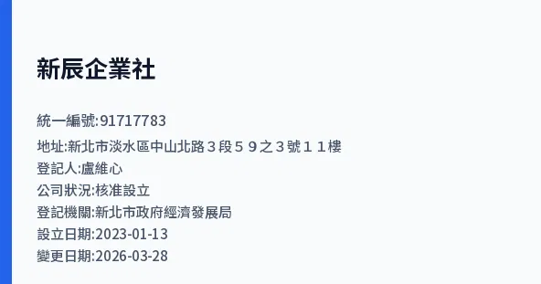 新辰企業社的照片-統編 91717783(新北市) 公司登記資料與營業項目詳細圖表