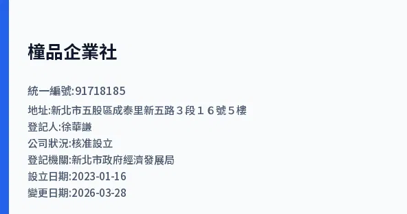 橦品企業社的照片-統編 91718185(新北市) 公司登記資料與營業項目詳細圖表
