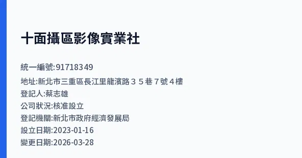 十面攝區影像實業社的照片-統編 91718349(新北市) 公司登記資料與營業項目詳細圖表