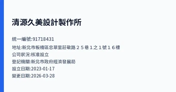 清源久美設計製作所的照片-統編 91718431(新北市) 公司登記資料與營業項目詳細圖表