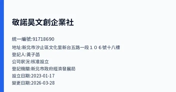 敬諾昊文創企業社的照片-統編 91718690(新北市) 公司登記資料與營業項目詳細圖表