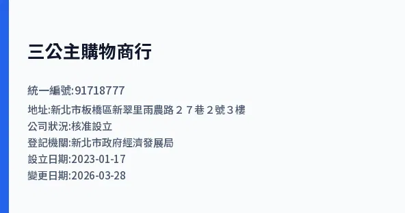 三公主購物商行的照片-統編 91718777(新北市) 公司登記資料與營業項目詳細圖表