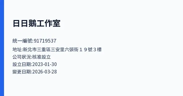 日日鵝工作室的照片-統編 91719537(新北市) 公司登記資料與營業項目詳細圖表